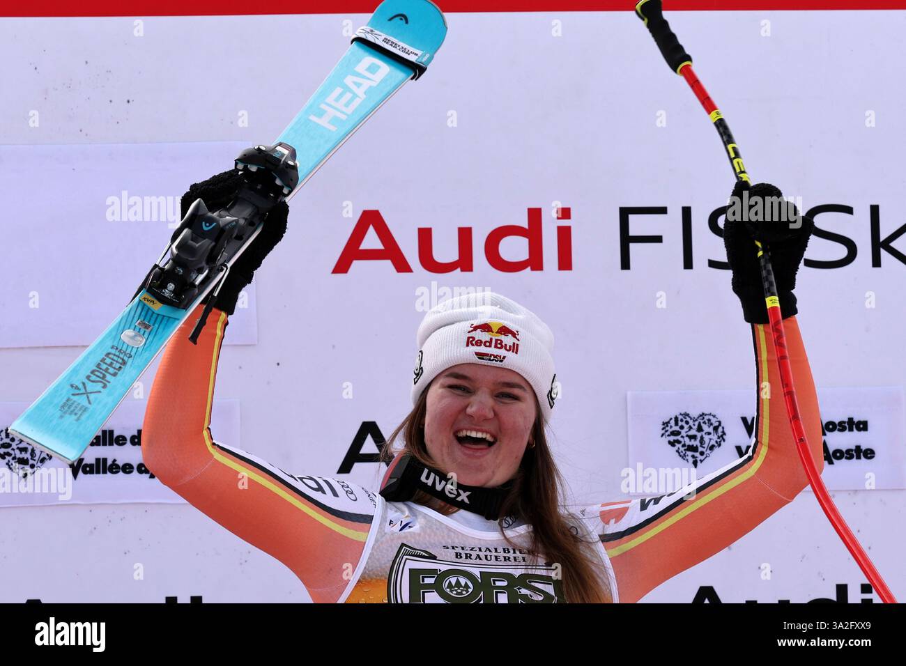 The winner Germany's Emma Aicher celebrates after an alpine ski, women ...