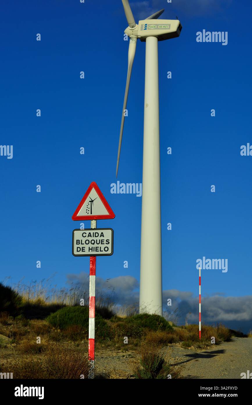 Danger sign informing about falling ice blocks from the windmills. La ...