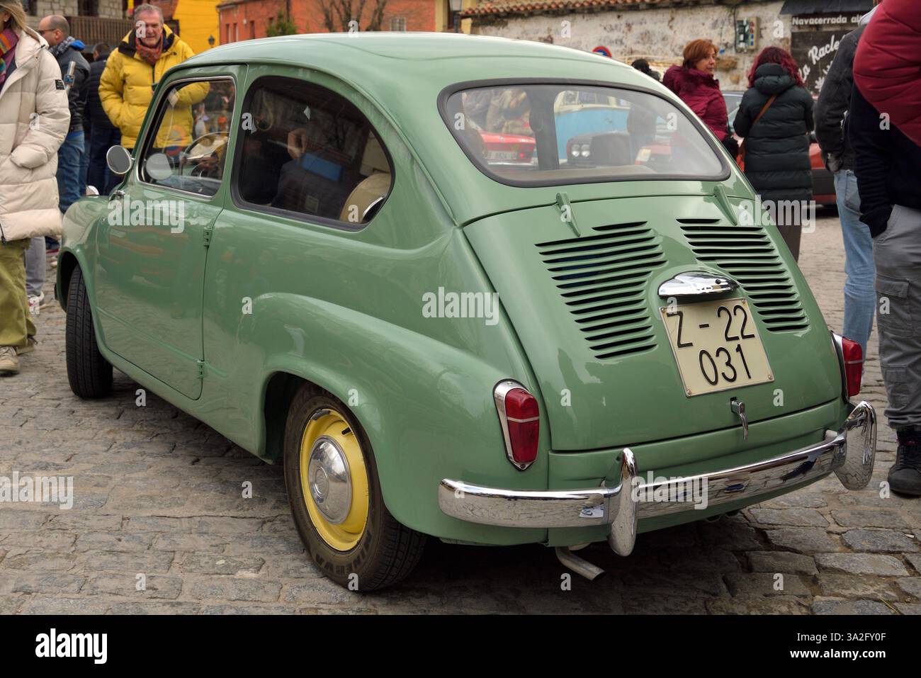 The historic Seat 600, iconic spanish car, in the town of Navacerrada ...