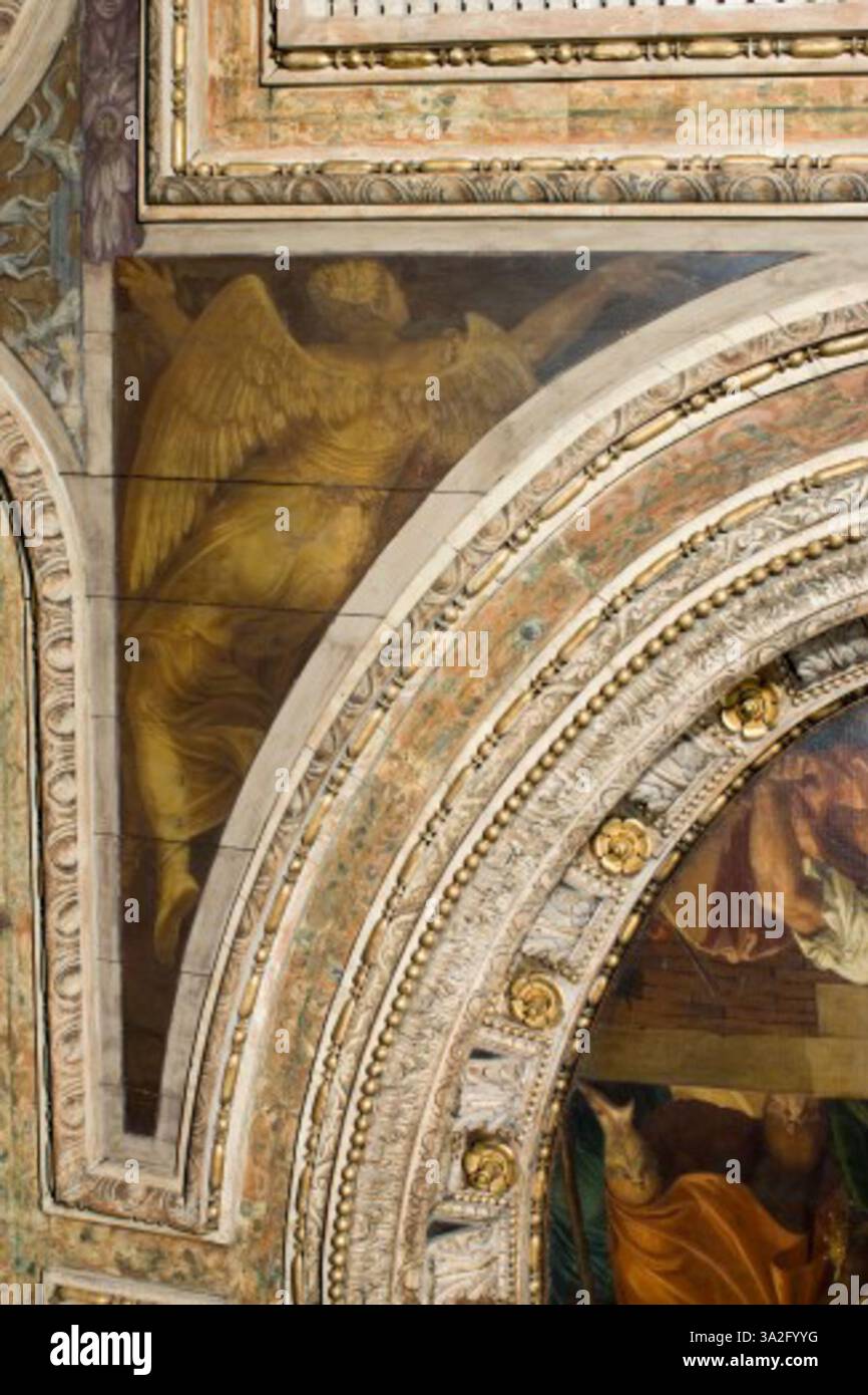 This painting features a flying angel, captured in mid-flight with ...