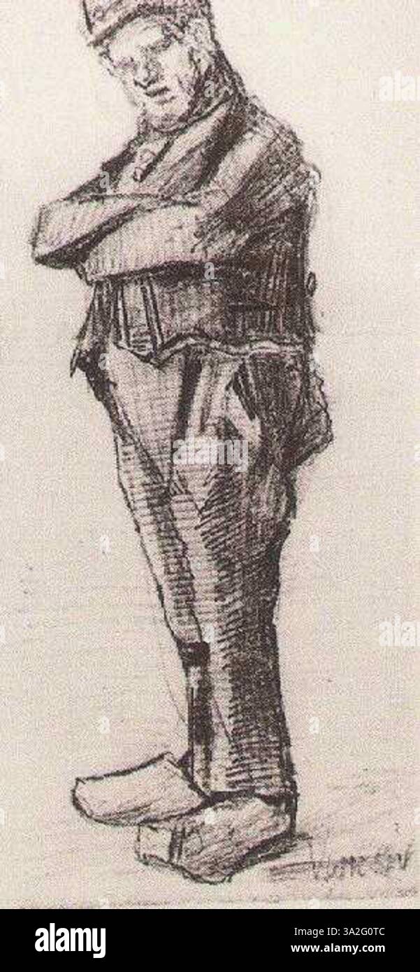 This work by Van Gogh shows a man standing with his arms folded ...