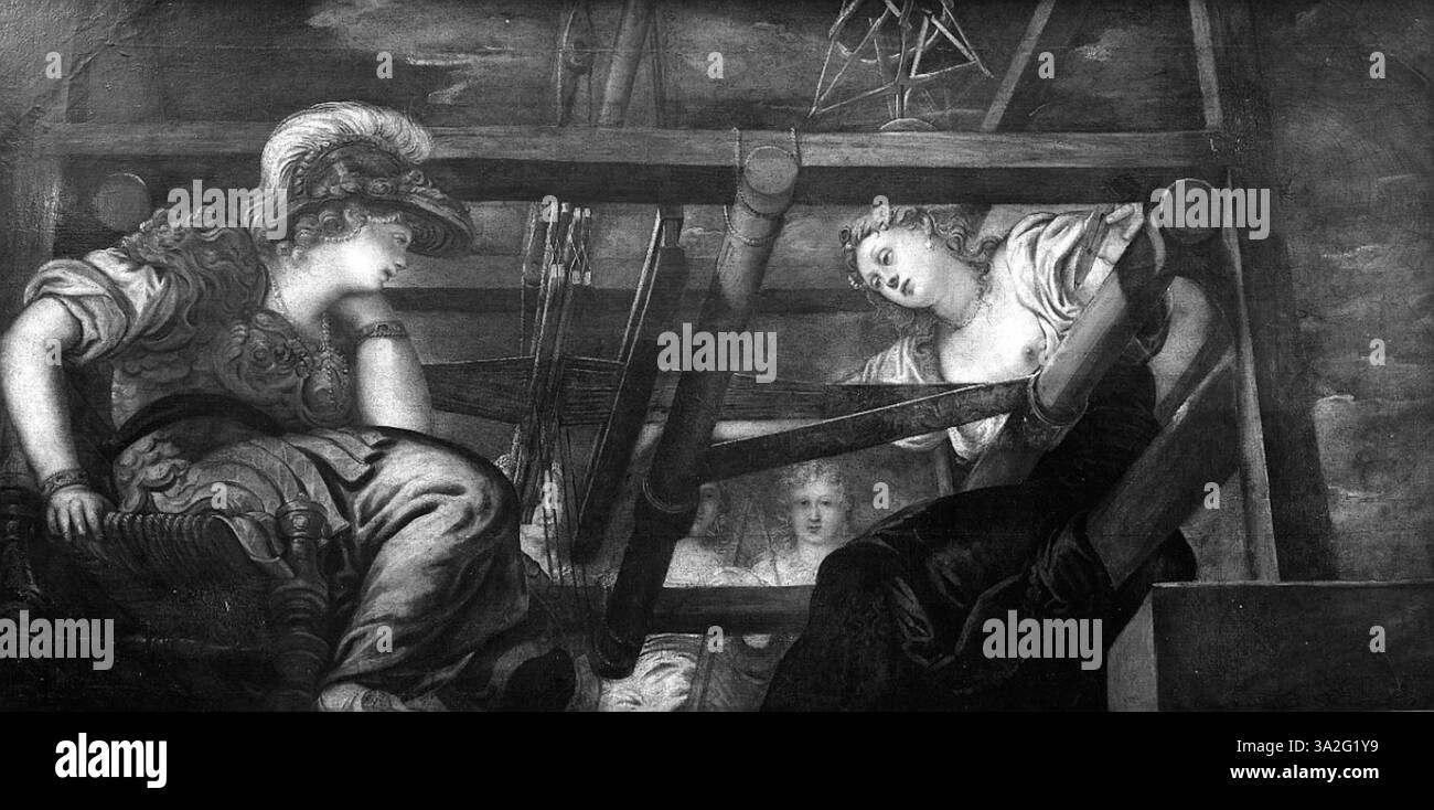 This artwork portrays the mythological contest between Arachne and ...