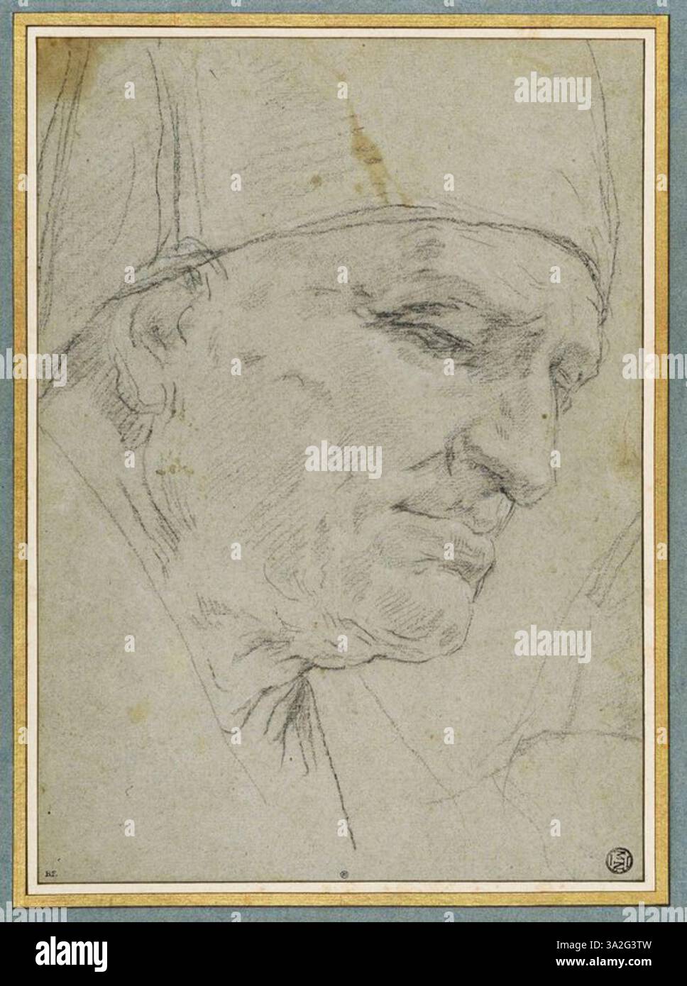 This portrait depicts the head of a bishop in three-quarters view ...