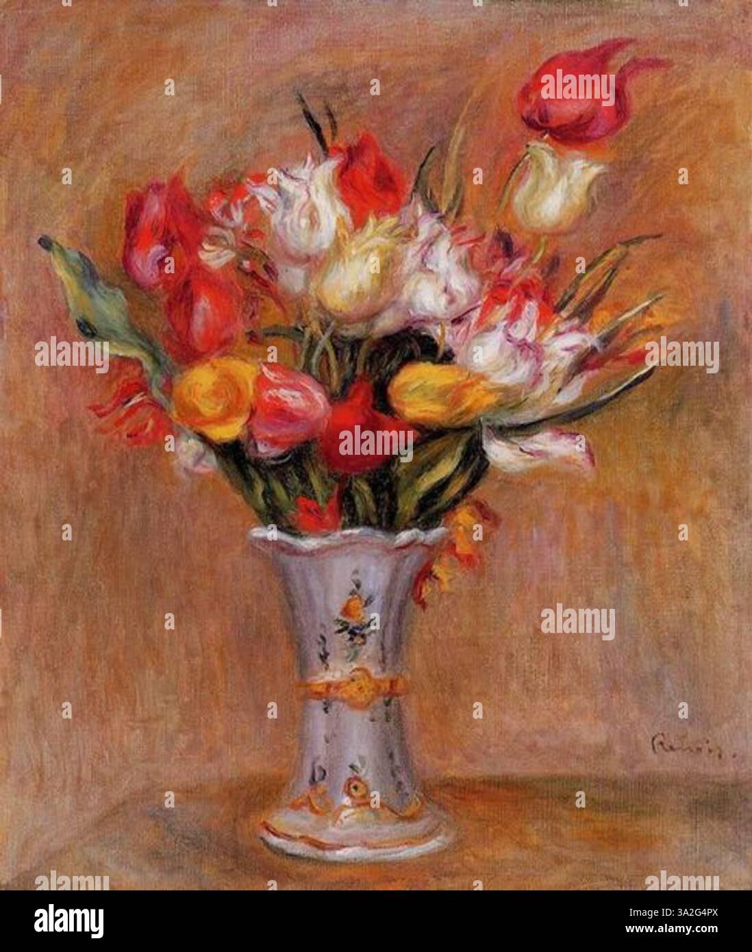 A vibrant still life of tulips, with Renoir using rich colors and ...