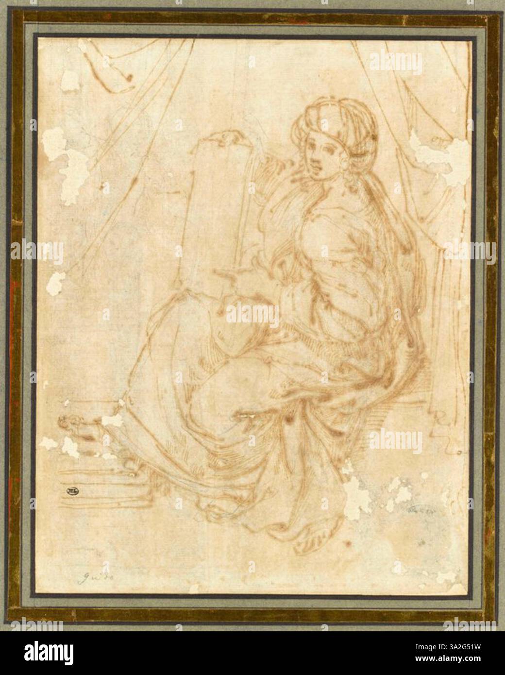 This painting features a seated sibyl, a figure from classical ...