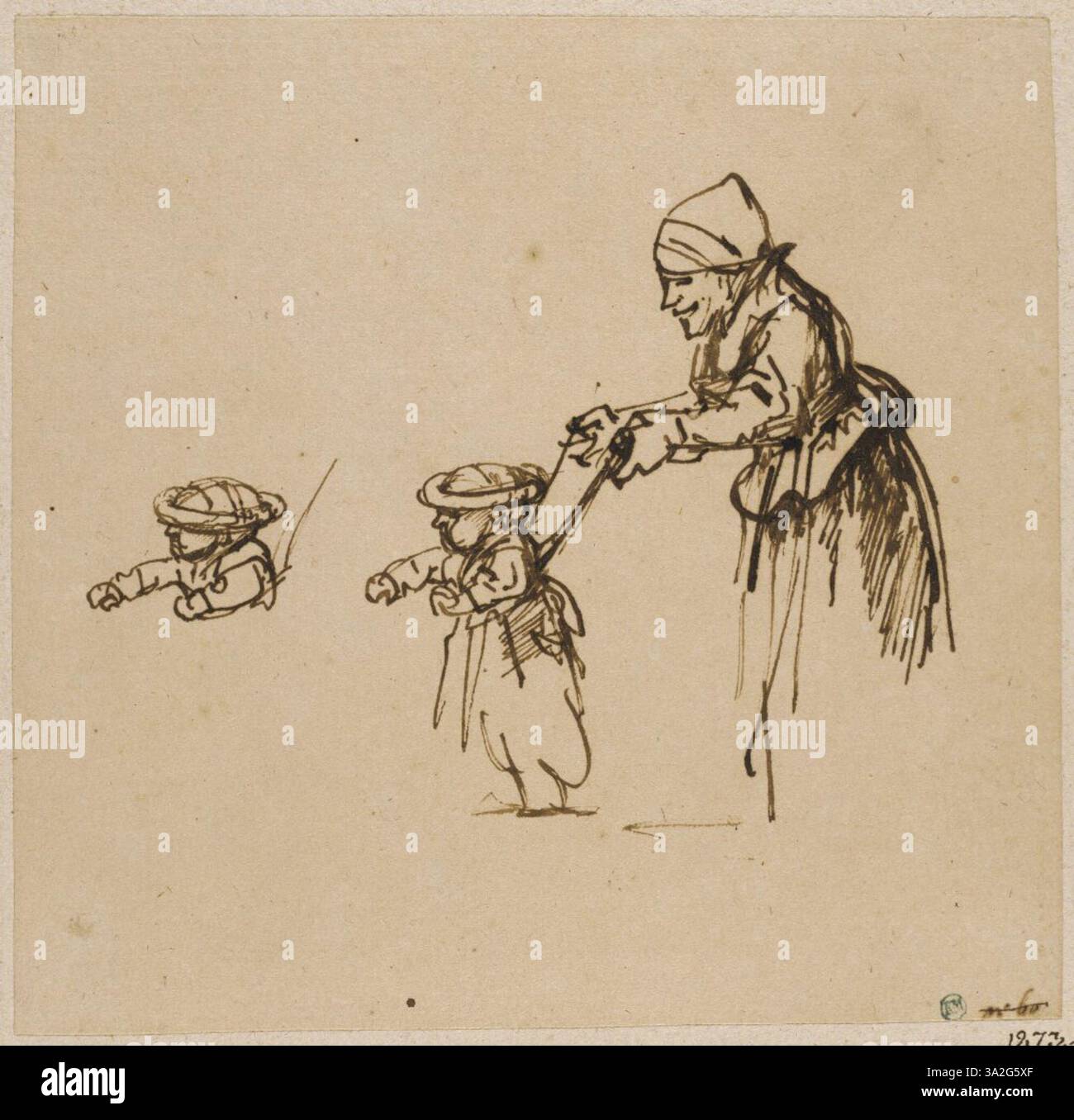 This artwork shows a woman assisting a child as they learn to walk. The ...