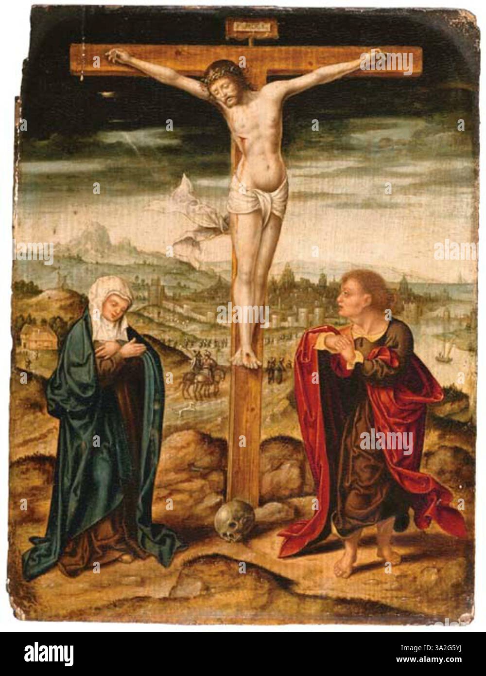 This painting depicts the Crucifixion of Christ with the Virgin Mary and Saint John the ...