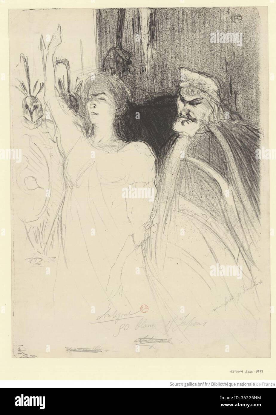 This lithograph captures the famous French actors Bartet and Mounet ...
