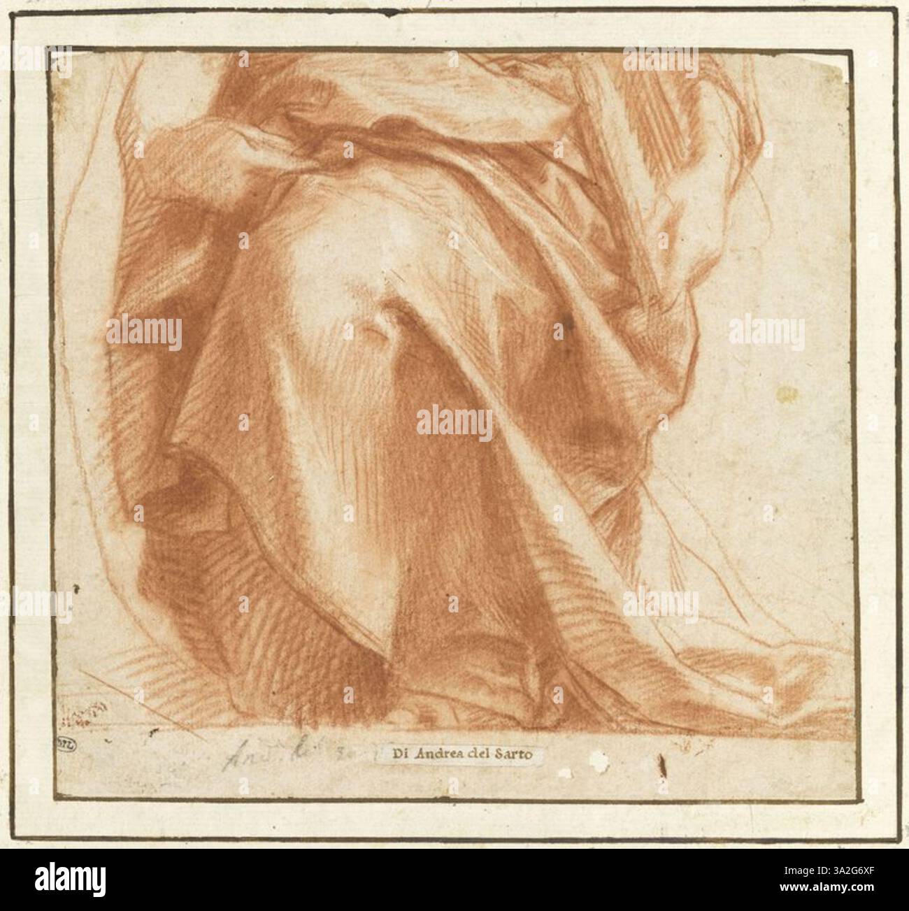 This drawing features a study of drapery for a seated figure, focusing ...