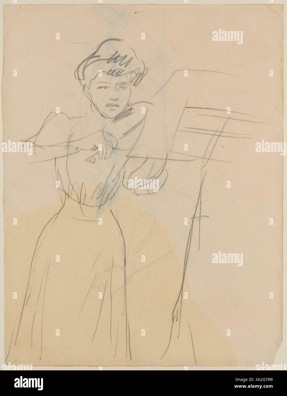 This painting shows a woman standing while playing the violin, rendered ...