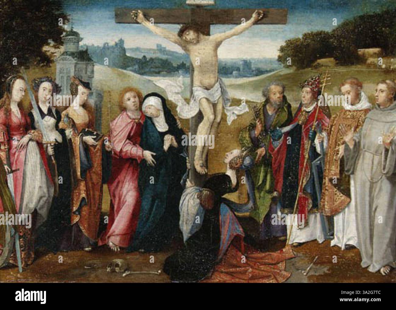 This painting by Cornelis Engelbrechtsz. portrays the Crucifixion of Christ, focusing on the ...
