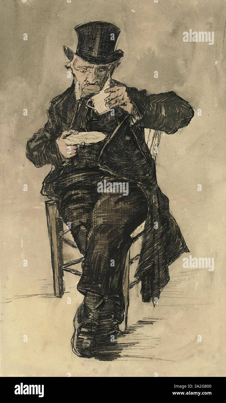 This drawing shows an orphan man wearing a top hat and drinking coffee ...