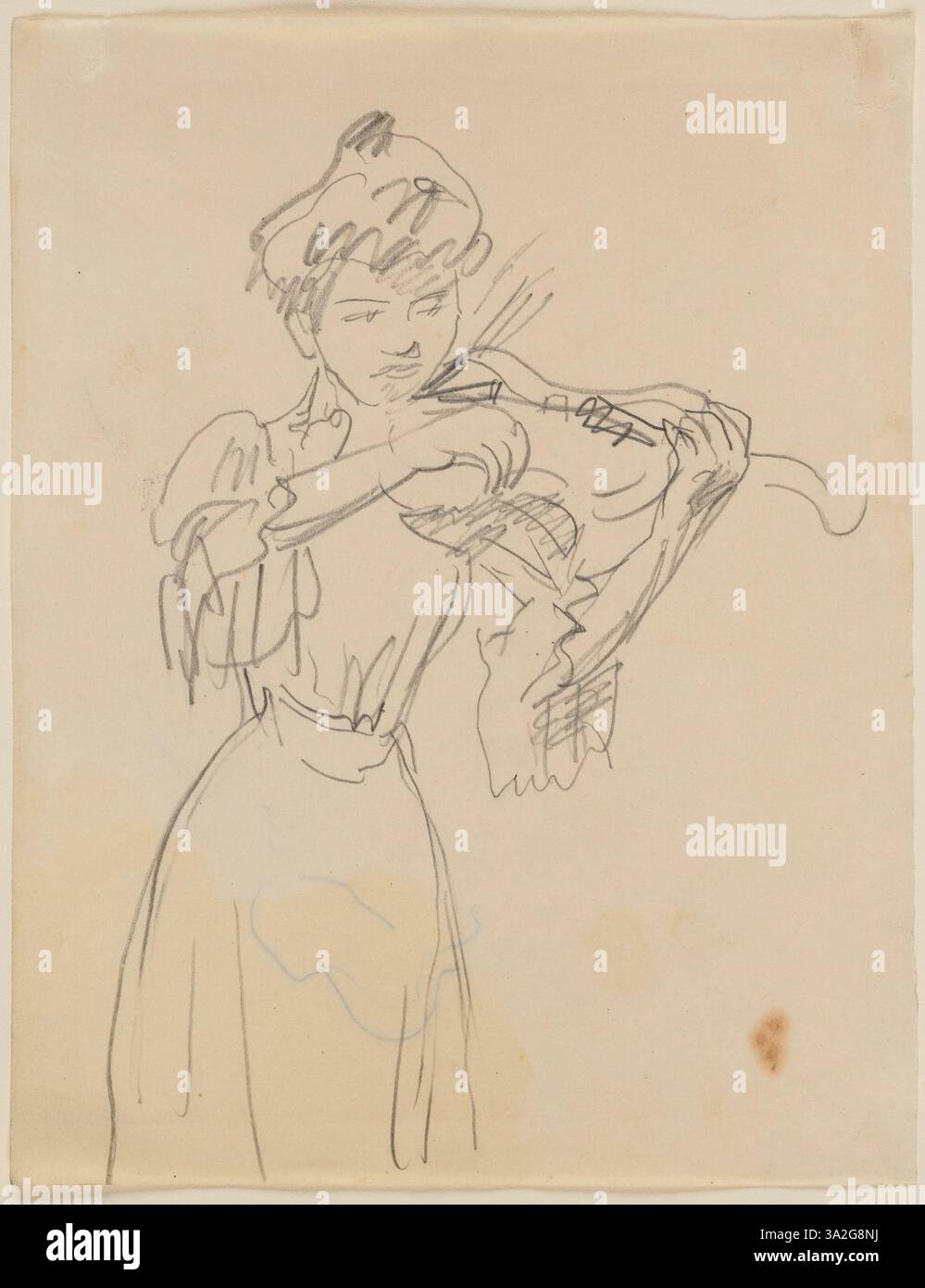 This artwork features a woman standing and playing the violin, her ...