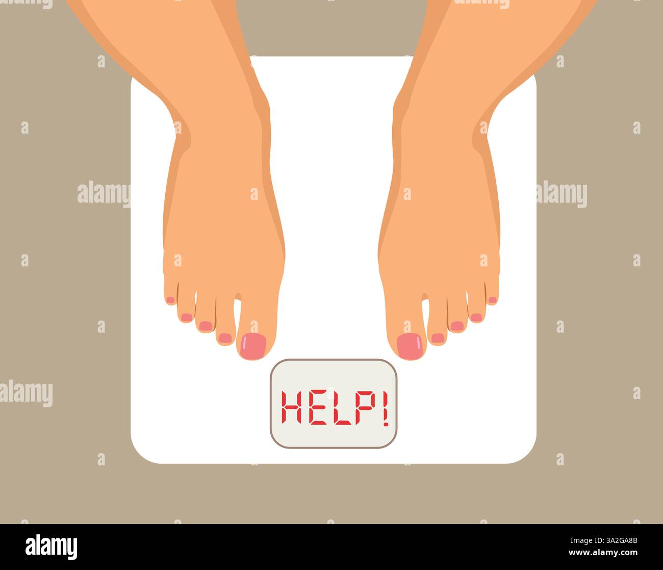 Close up of an overweight female feet with weight scale and help text ...