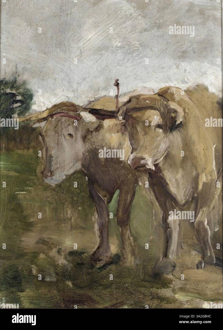 This cropped image of 'Deux Buffs sous le Joug' portrays two oxen yoked ...