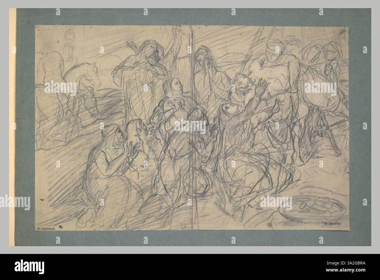 The artwork illustrates the deposition of Christ from the cross, a ...
