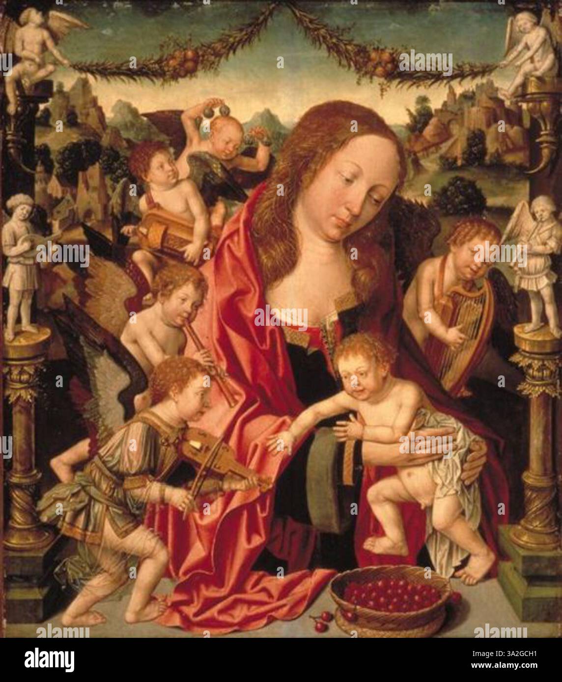 This artwork by Jacob Cornelisz van Oostsanen features the Virgin and Child with angel musicians ...