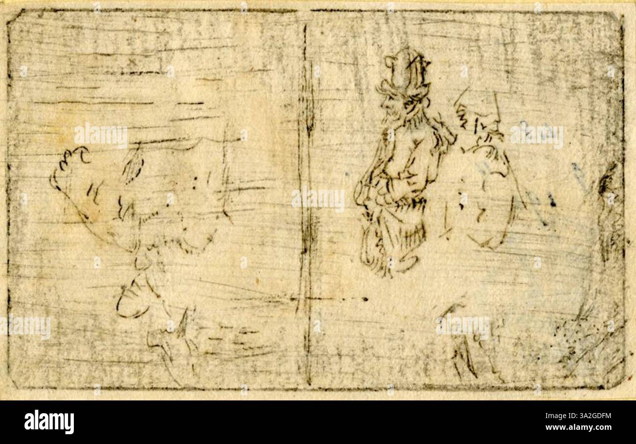In this etching, Rembrandt presents two studies of peasants, captured ...