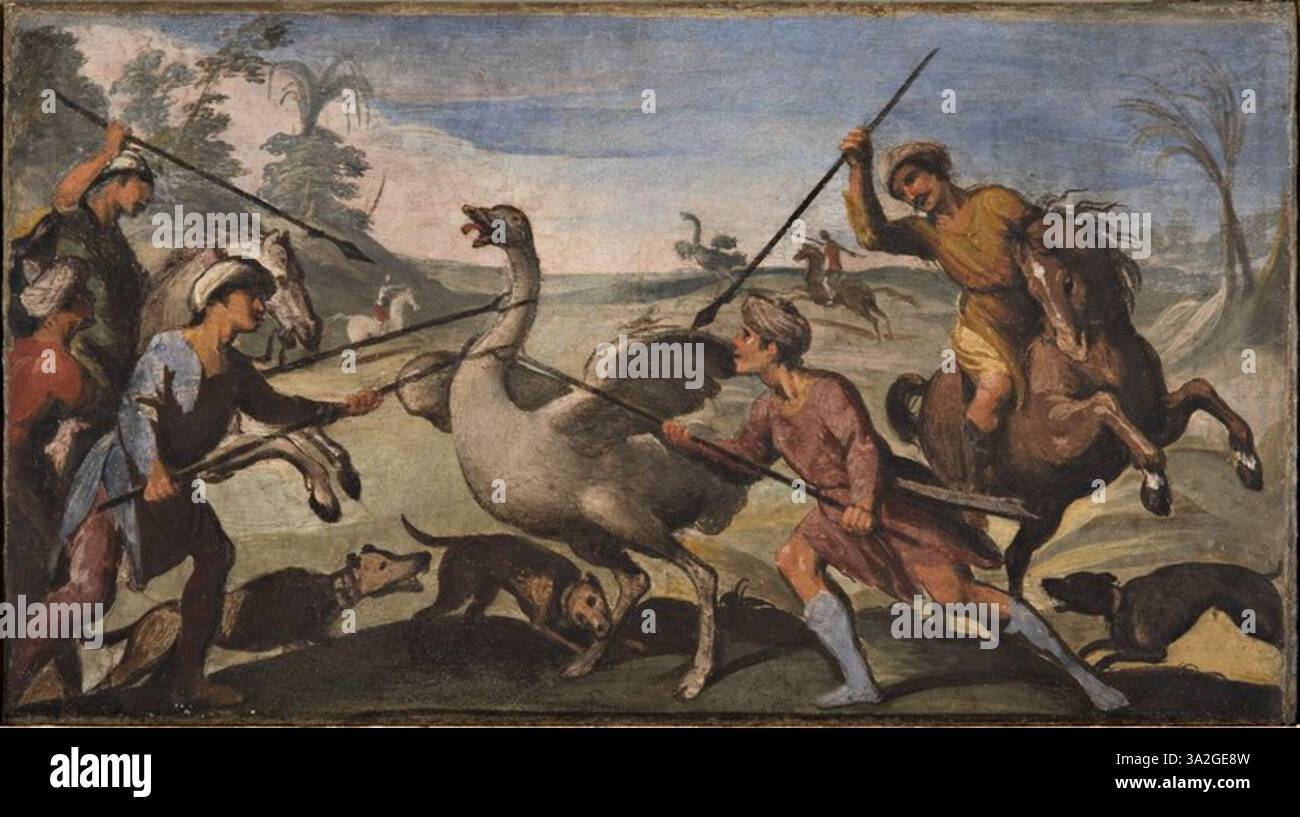 This 1615-1617 painting by Guercino shows a hunt for ostriches. The ...