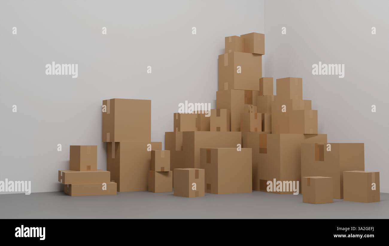 Many different sizes of cardboard boxes on the floor in a white room ...