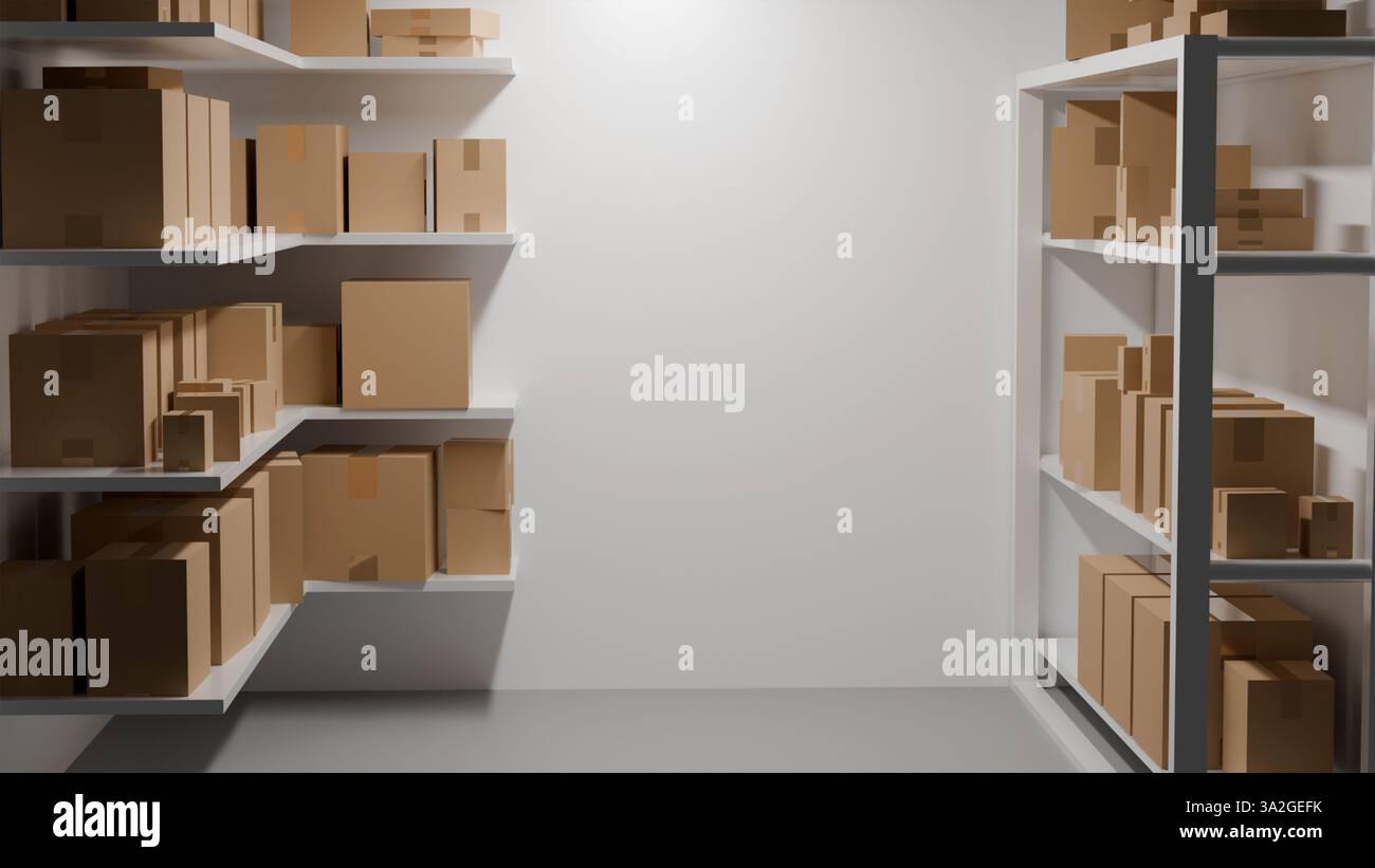 Mailboxes on shelves, logistics center, warehouse, 3D model, cardboard ...