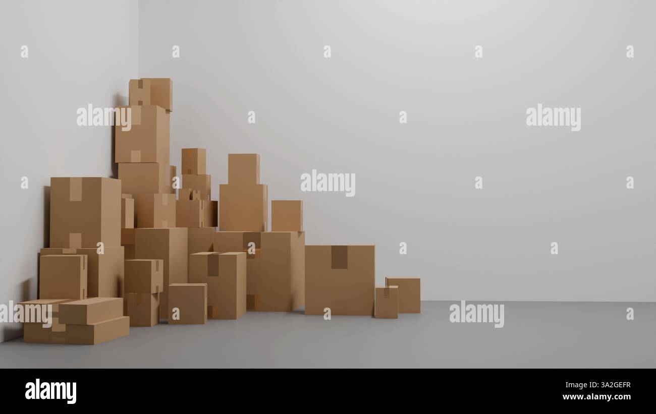 Many different sizes of cardboard boxes on the floor in a white room ...