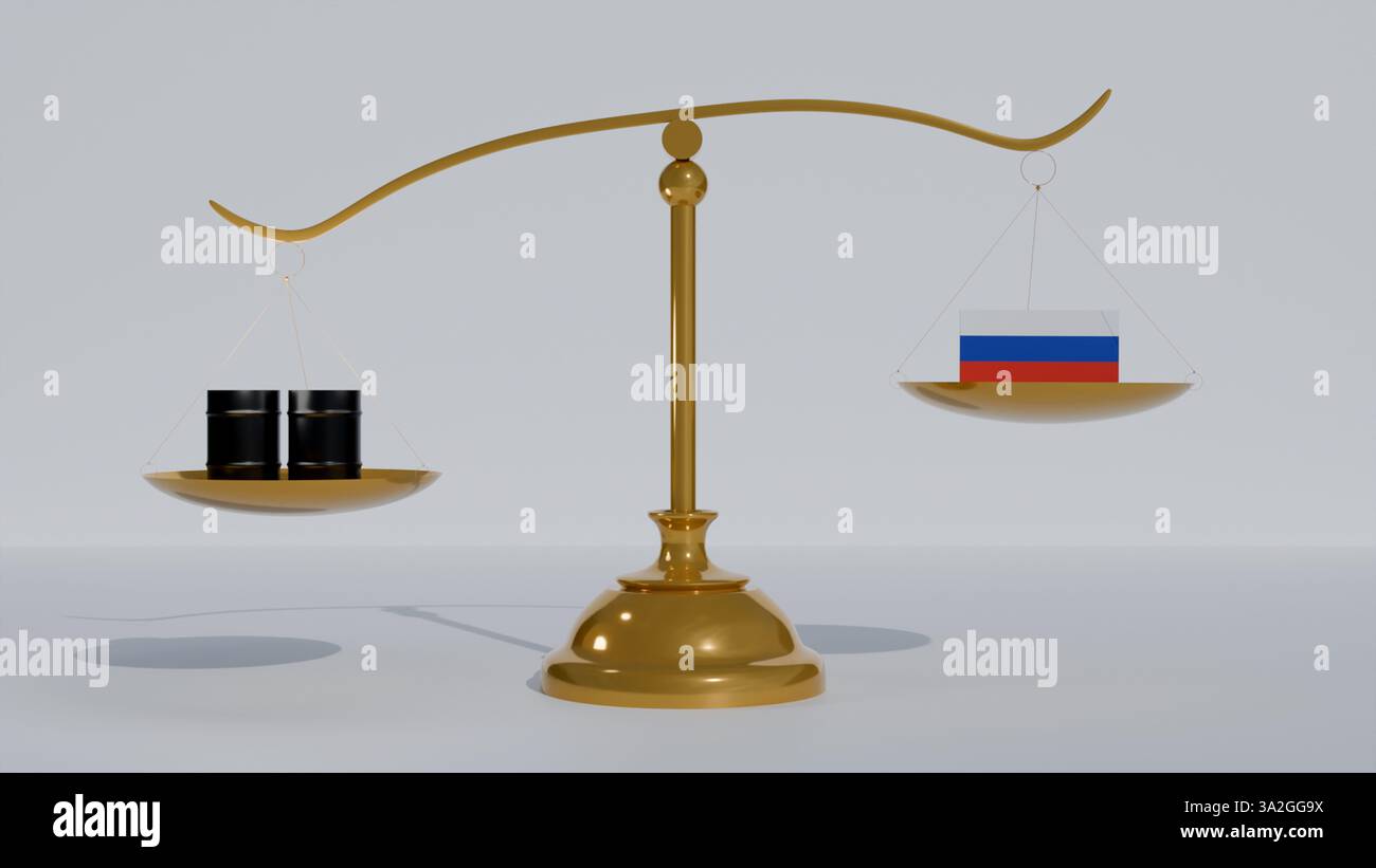Golden scales of justice two oil barrels and the Russian flag on the ...