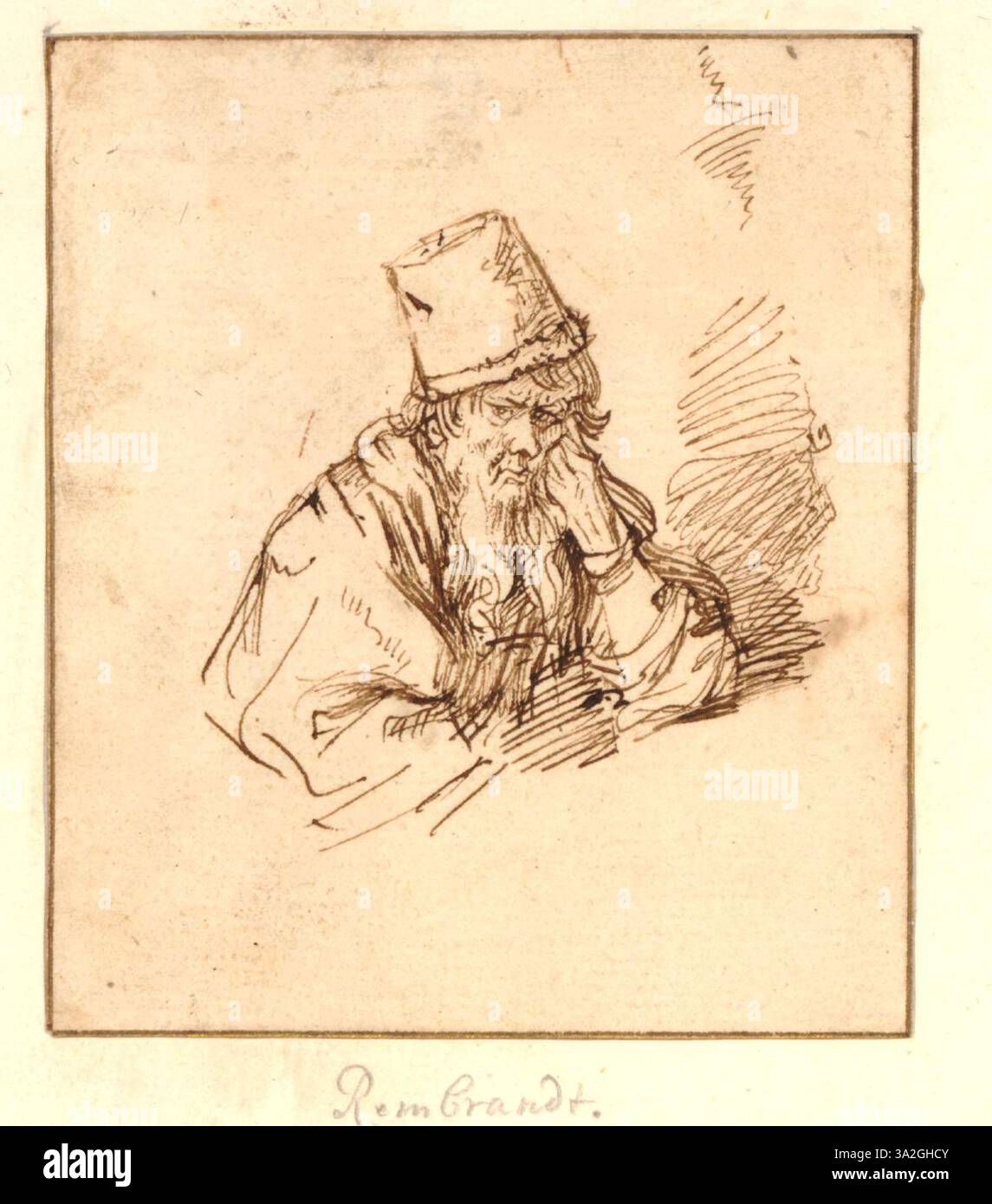 This etching depicts a man in a tall hat, resting his head on his hand ...