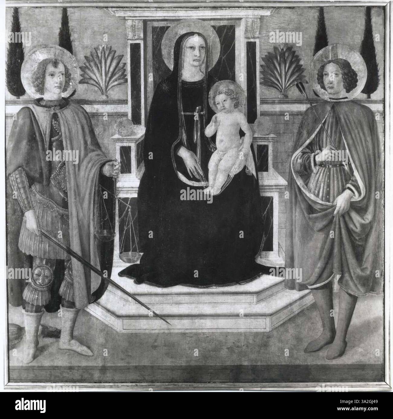 This 15th-century fresco by Cosimo Rosselli depicts the Madonna with Child, flanked by St ...