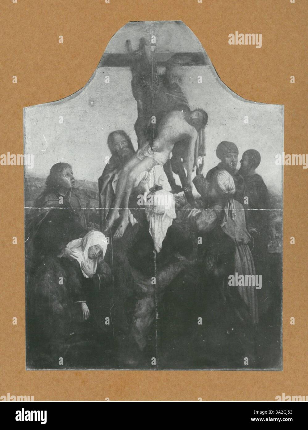 The triptych by the Master of Flémalle depicts the Descent from the Cross, showing Christ’s body ...