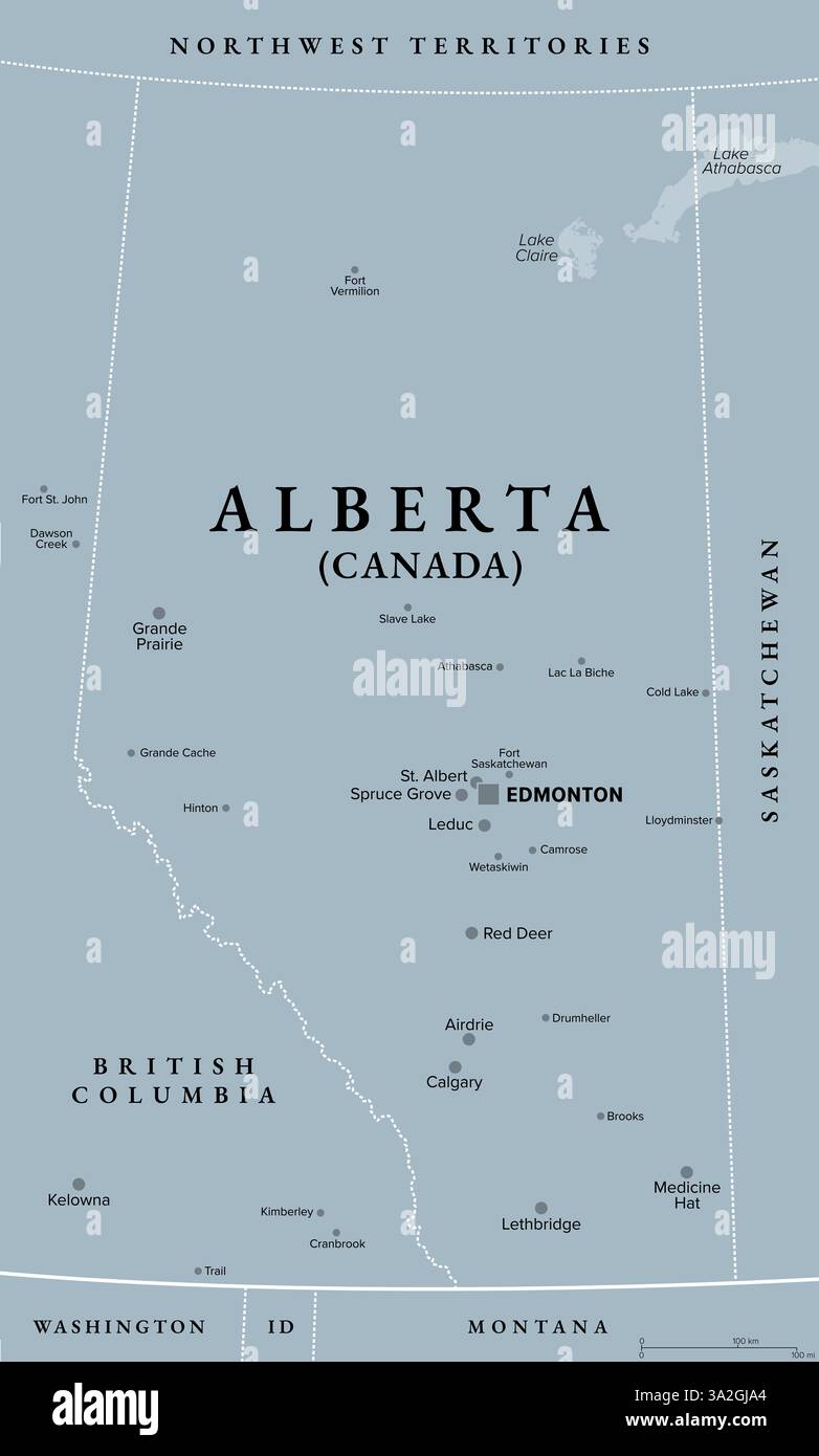 Alberta, province of Canada, gray political map with boundaries, cities ...