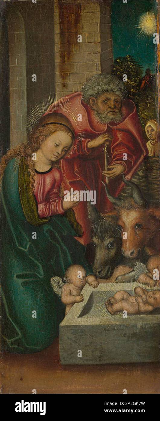 This artwork from the workshop of Lucas Cranach the Elder depicts the Nativity of Christ ...