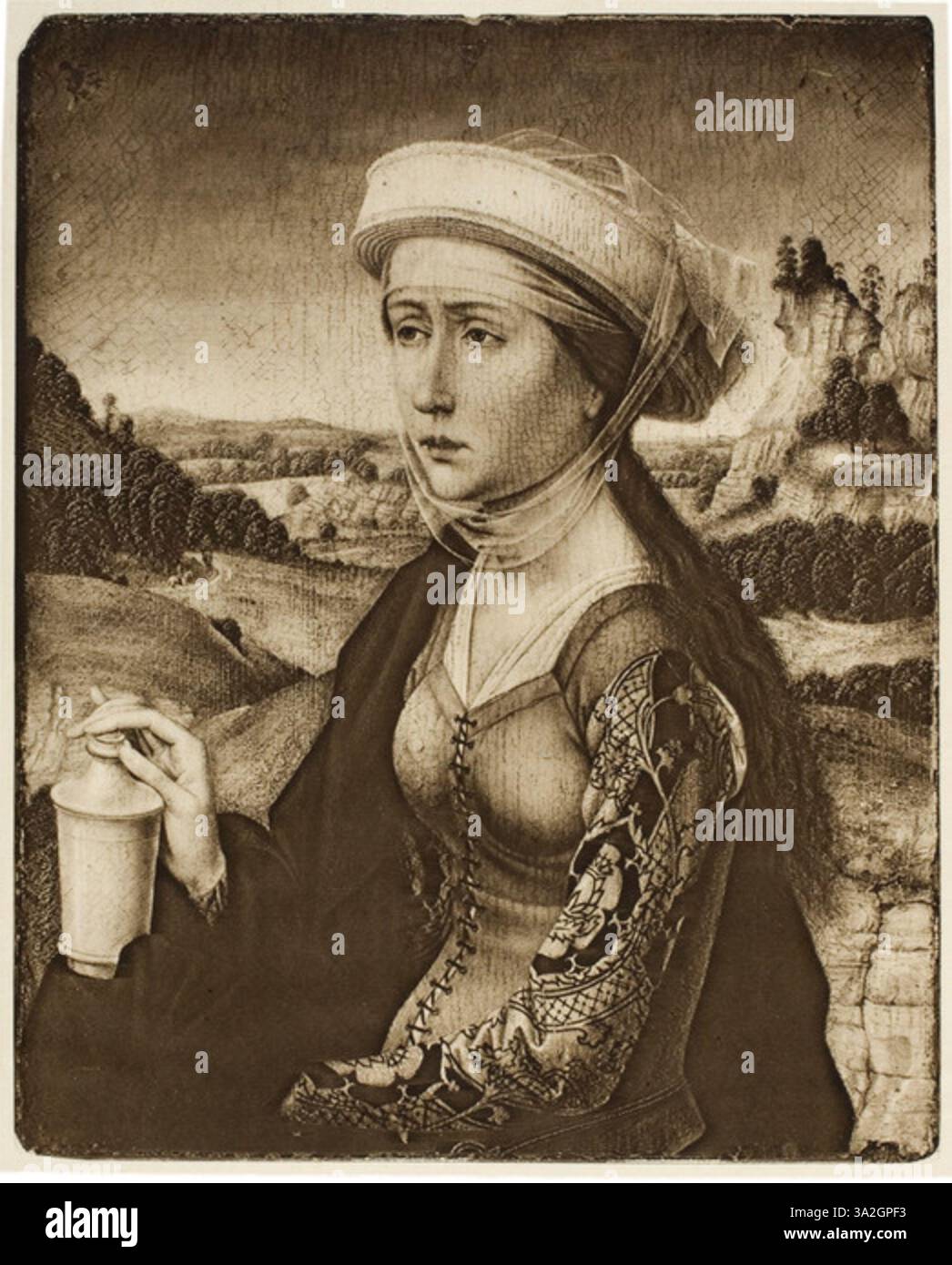 This artwork is a 20th-century reproduction of Rogier van der Weyden's depiction of Saint Mary ...