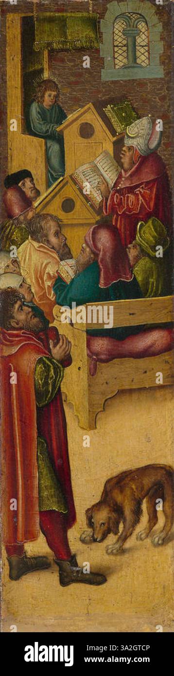 This scene, painted in the Cranach workshop, portrays the young Christ in the temple at the age ...