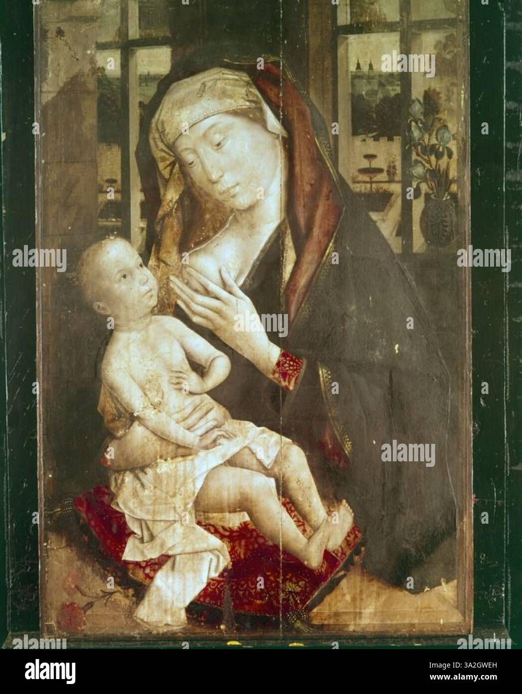 This artwork depicts the Virgin Mary holding the Christ Child in half ...