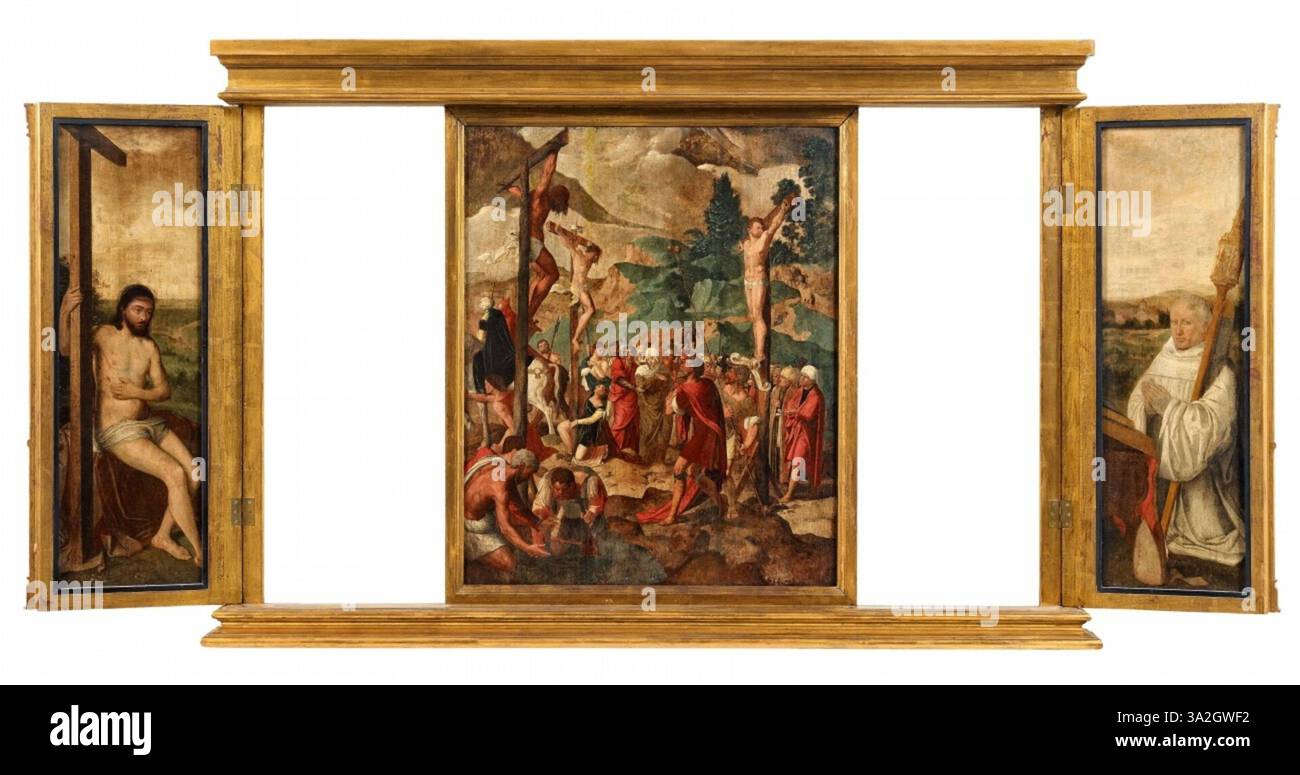 This 16th-century altarpiece from the Netherlandish School depicts the Crucifixion, focusing on ...