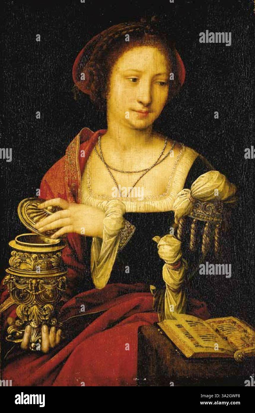 This artwork depicts Mary Magdalene in a half-length portrait ...