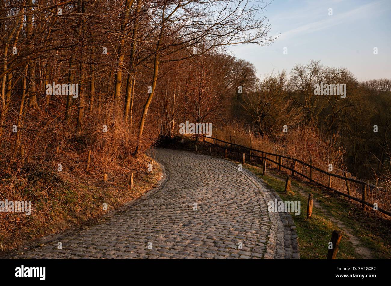 Bending cobble stone road to the Rouge Cloitre site with a colorful ...
