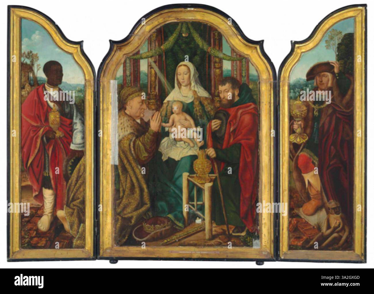 The 'Triptych of the Adoration of the Magi' by the Master of Frankfurt presents a detailed ...