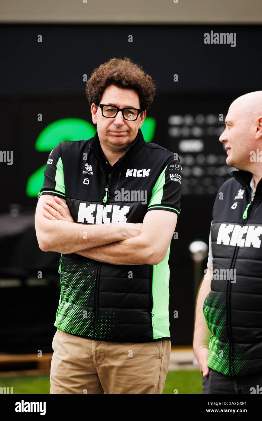 Stake F1 Team Kick Sauber Team principal Mattia Binotto (L) in the paddock ahead of the F1 Grand ...