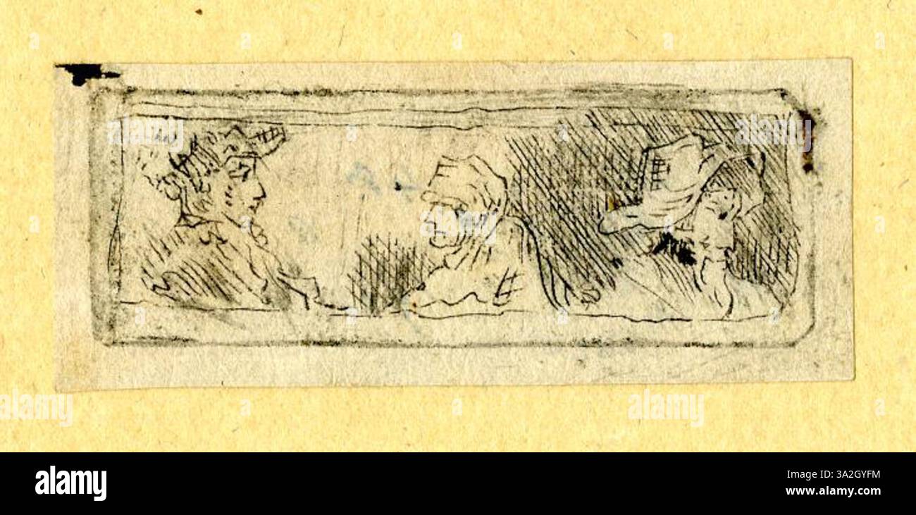 This reproduction features three small heads in profile, each with fine ...