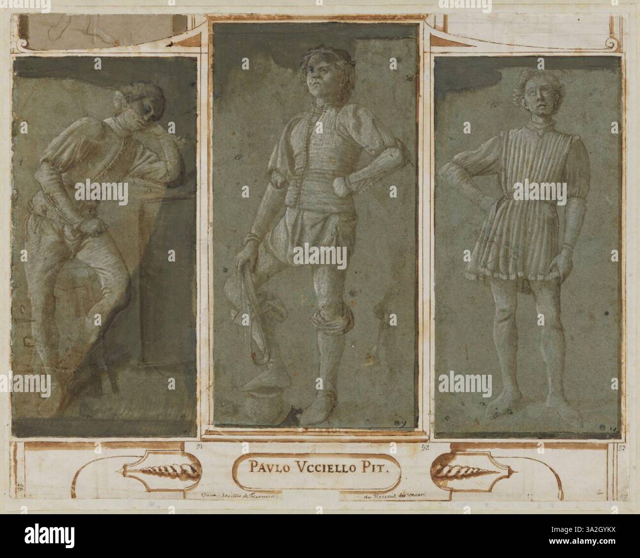 This drawing by Paolo Uccello from 1863 features three standing young ...