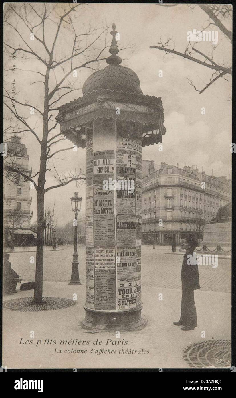 This photograph shows a column covered with theatrical posters. The ...