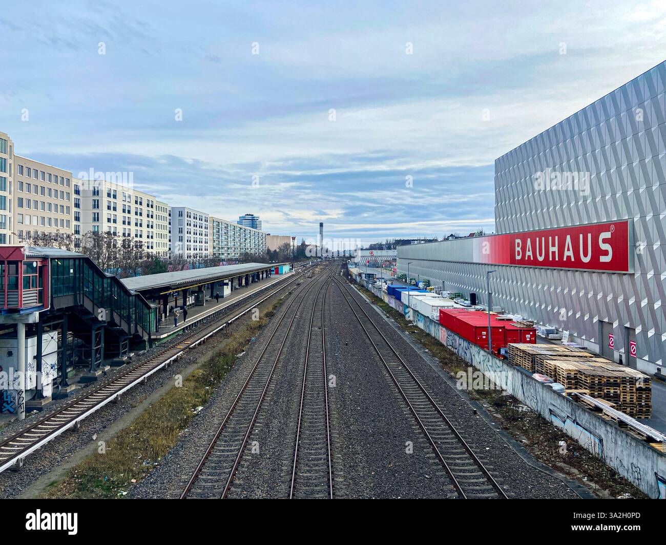 Bauhaus Market & Tracks Bauhaus market and S-Bahn Tracks opposite to ...