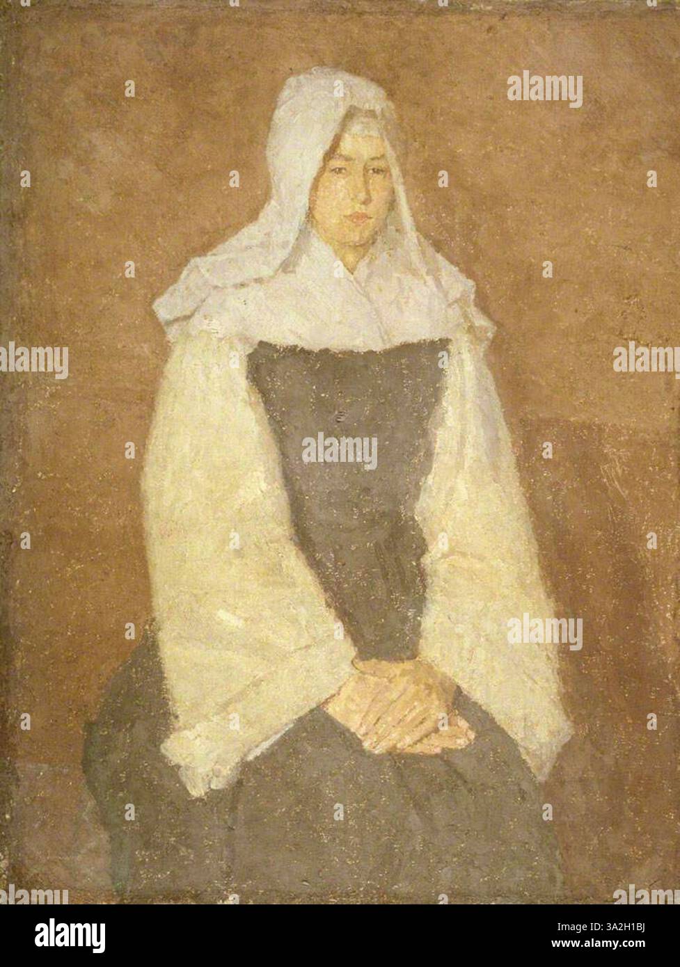 This portrait shows a young nun, her serene expression and simple habit ...