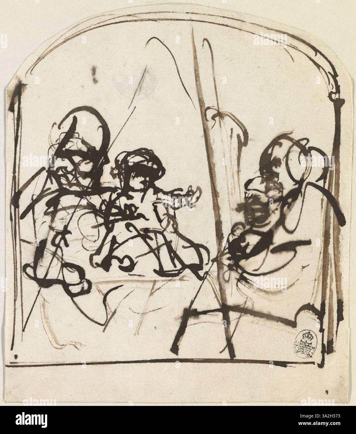 This work depicts a painter at an easel, capturing a mother with her ...