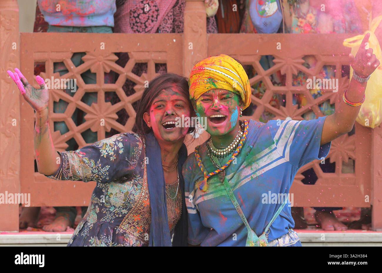 Holi festival celebrations in India Girls smeared with powdered colors ...
