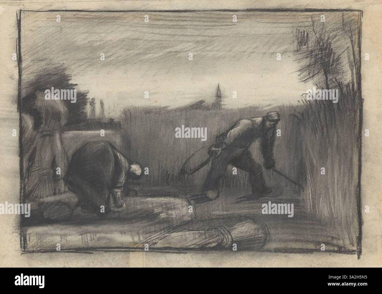 This watercolor painting by Vincent van Gogh depicts a harvest scene ...