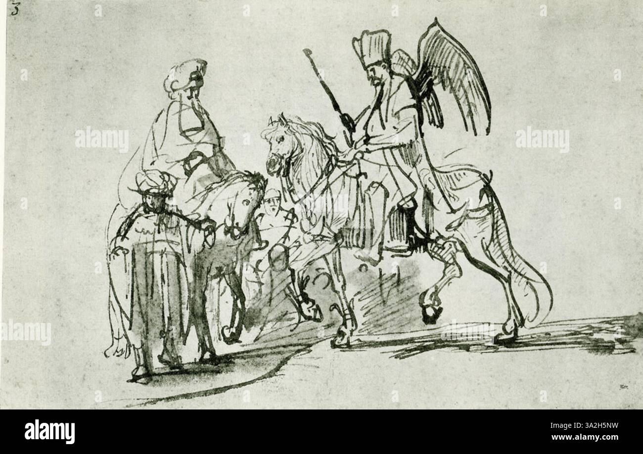 This drawing by Rembrandt features a winged man on horseback, capturing ...