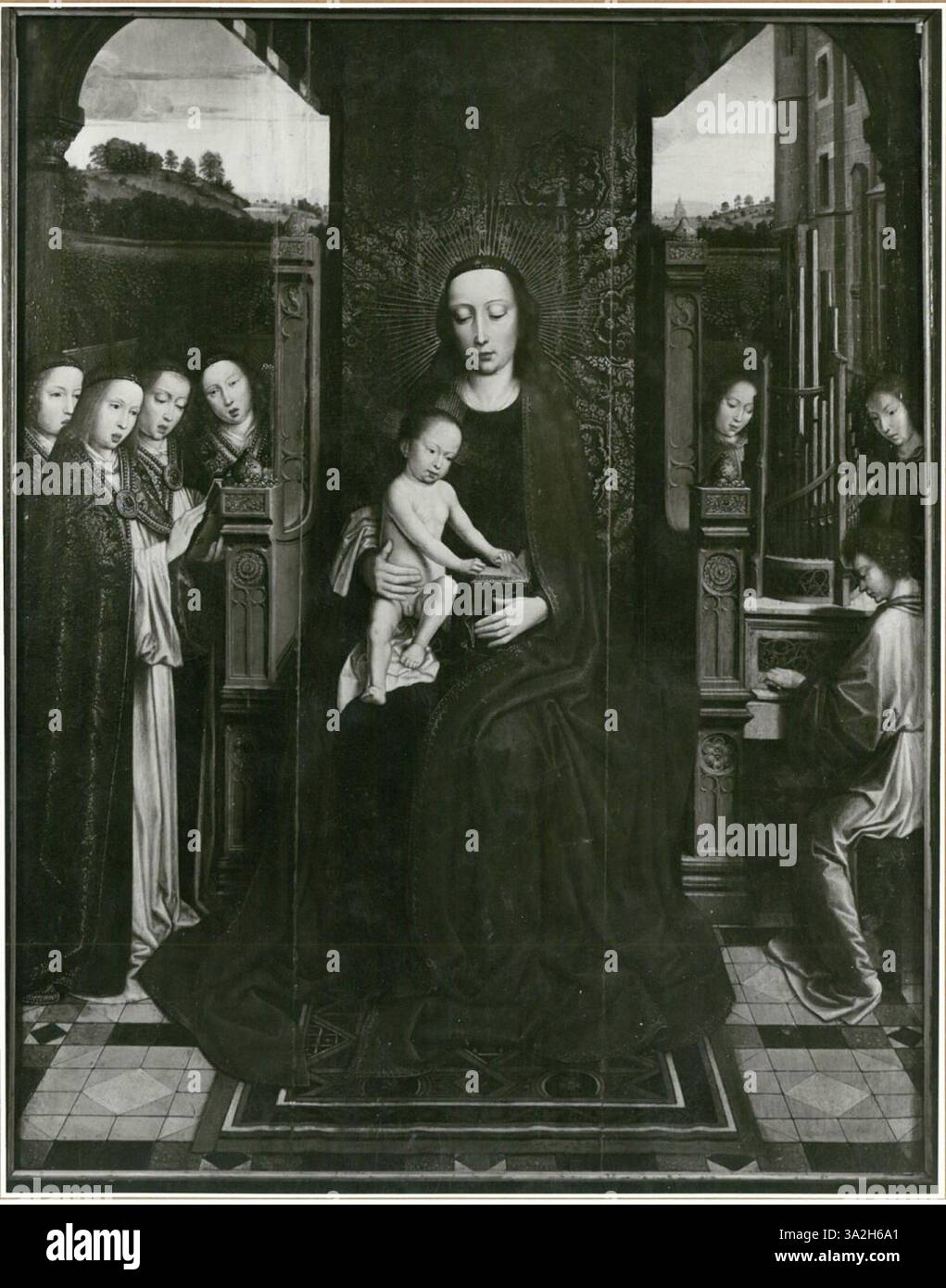 The Virgin Mary enthroned with musician angels, painted by Gerard David ...